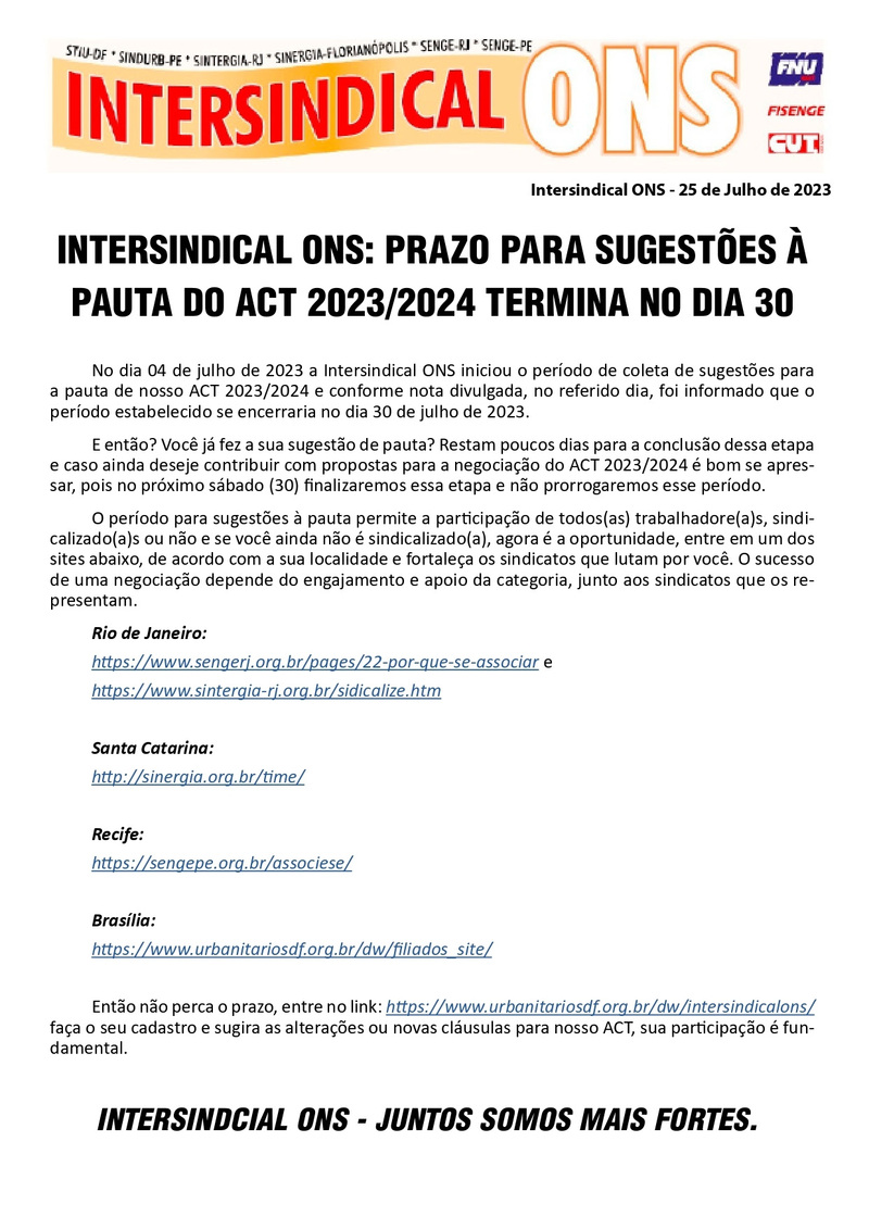 ONS: prazo para sugestões à pauta do ACT vai até dia 30 (domingo)